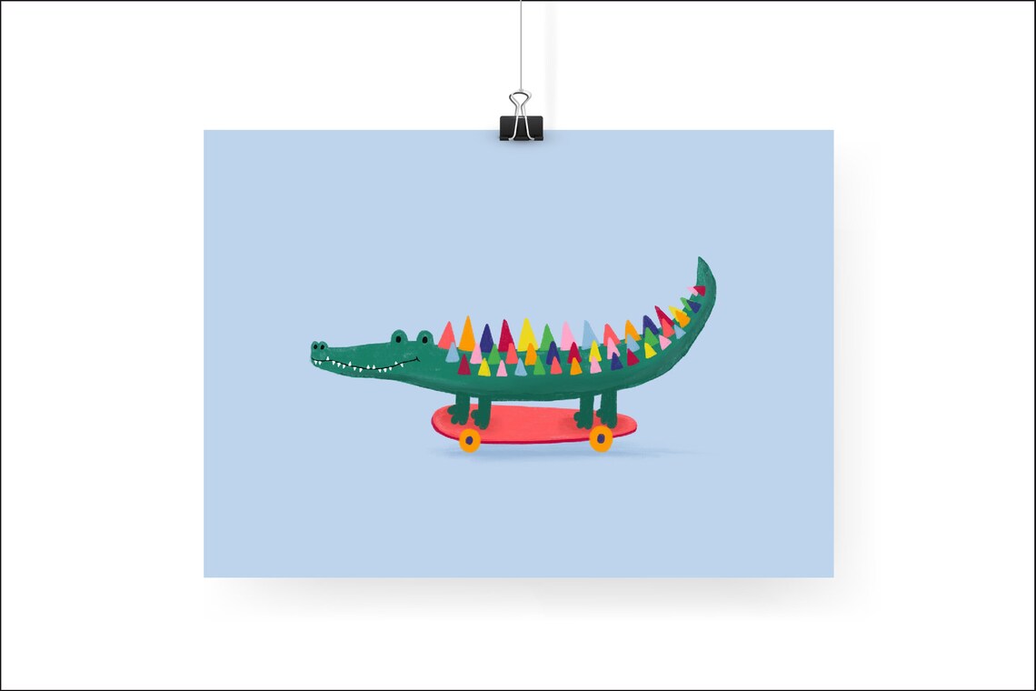 CROCODILE Rainbow on a Skateboard Giclée Print. 8" X 10" Illustration ...