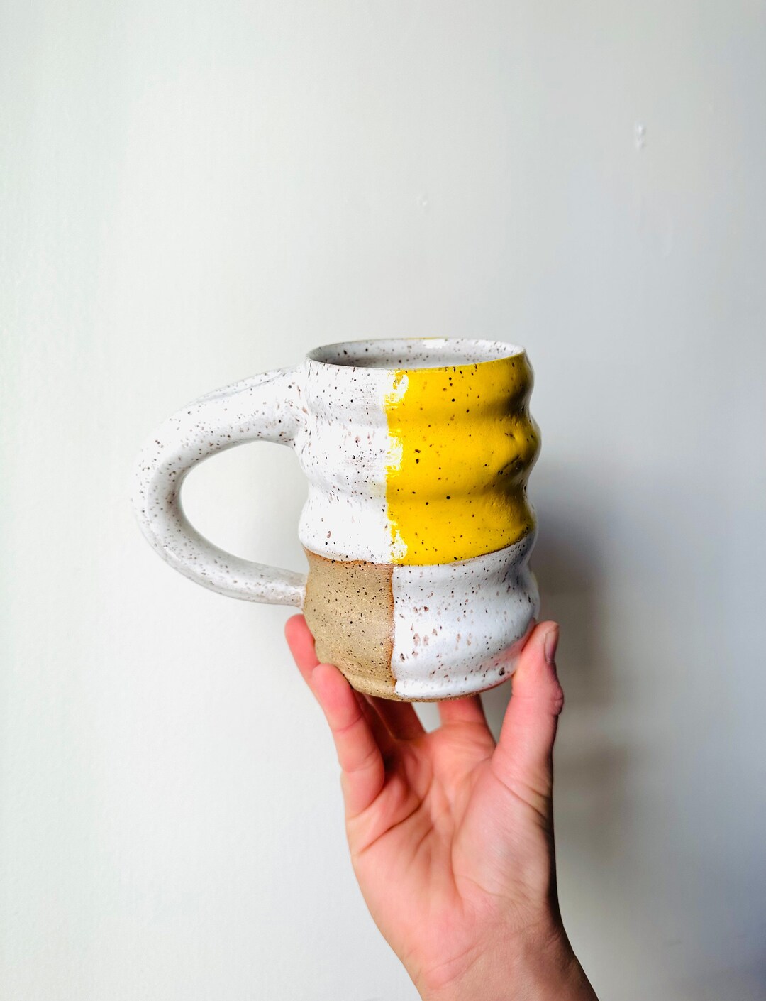 Yellow & White Checkered Print Wavy Ceramic Mug - Large Thick Durable ...