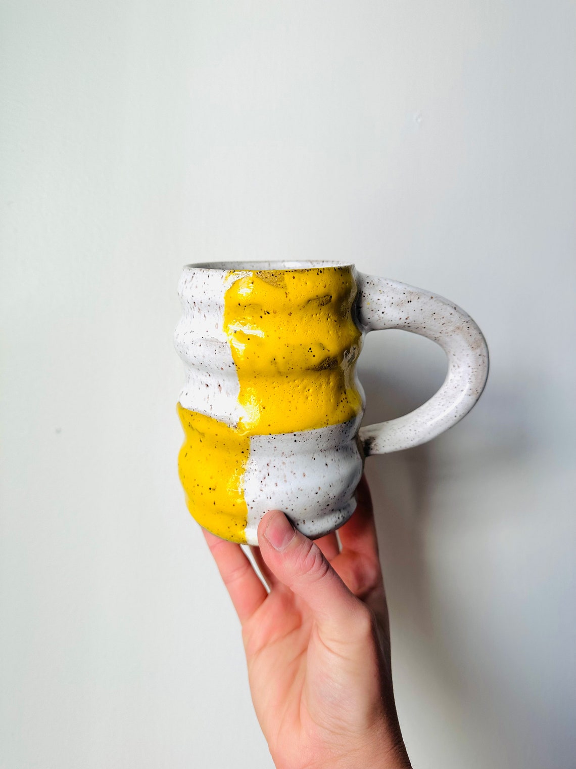 Yellow & White Checkered Print Wavy Ceramic Mug - Large Thick Durable ...