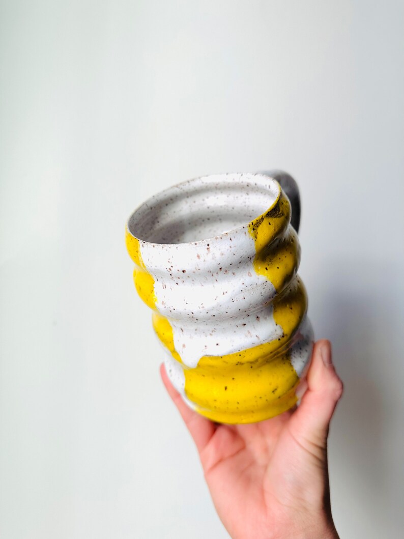 Yellow & White Checkered Print Wavy Ceramic Mug - Large Thick Durable ...