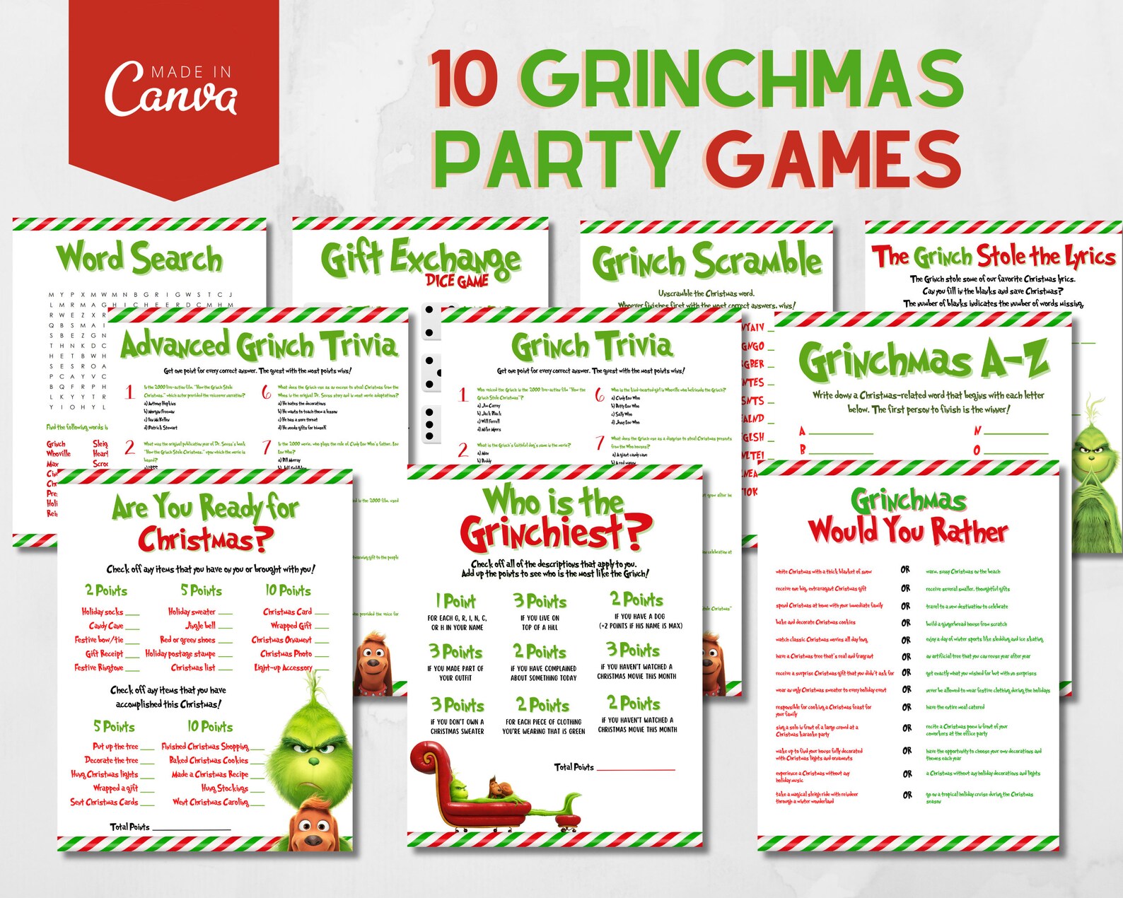 Grinch Game Bundle, INSTANT DOWNLOAD, Canva Editable Template ...