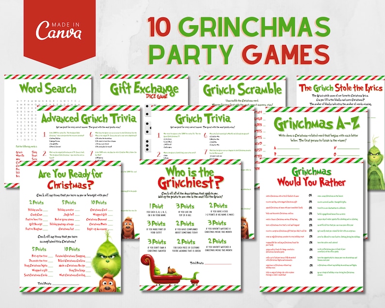 Grinch Game Bundle, INSTANT DOWNLOAD, Canva Editable Template ...