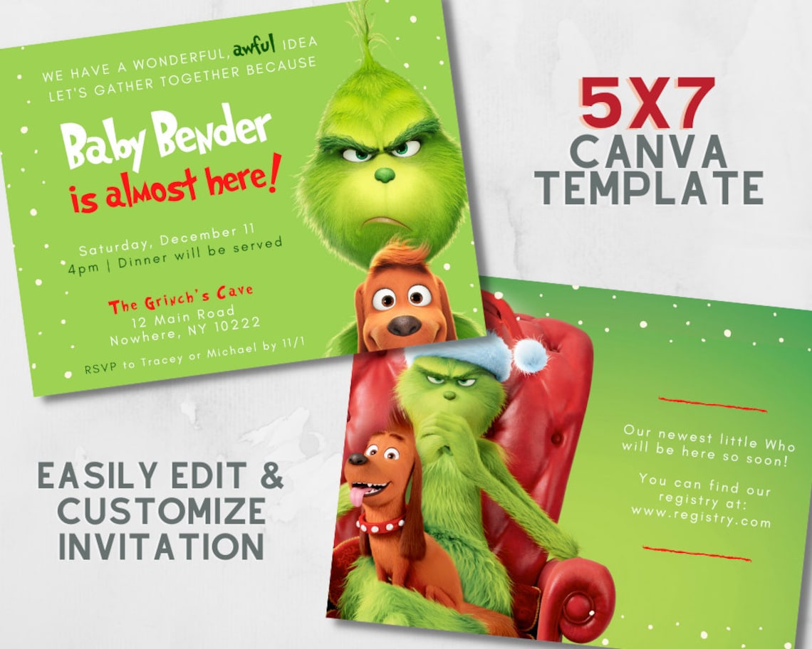 Grinch Baby Shower Bundle, Christmas Baby Shower Invitation Set, Canva ...