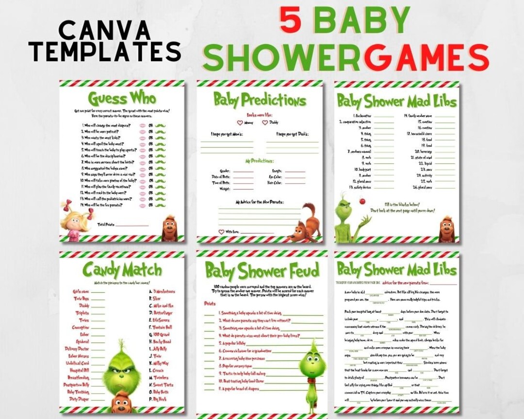 Grinch Baby Shower Games Bundle, Canva Editable Template, Grinchmas 5 ...