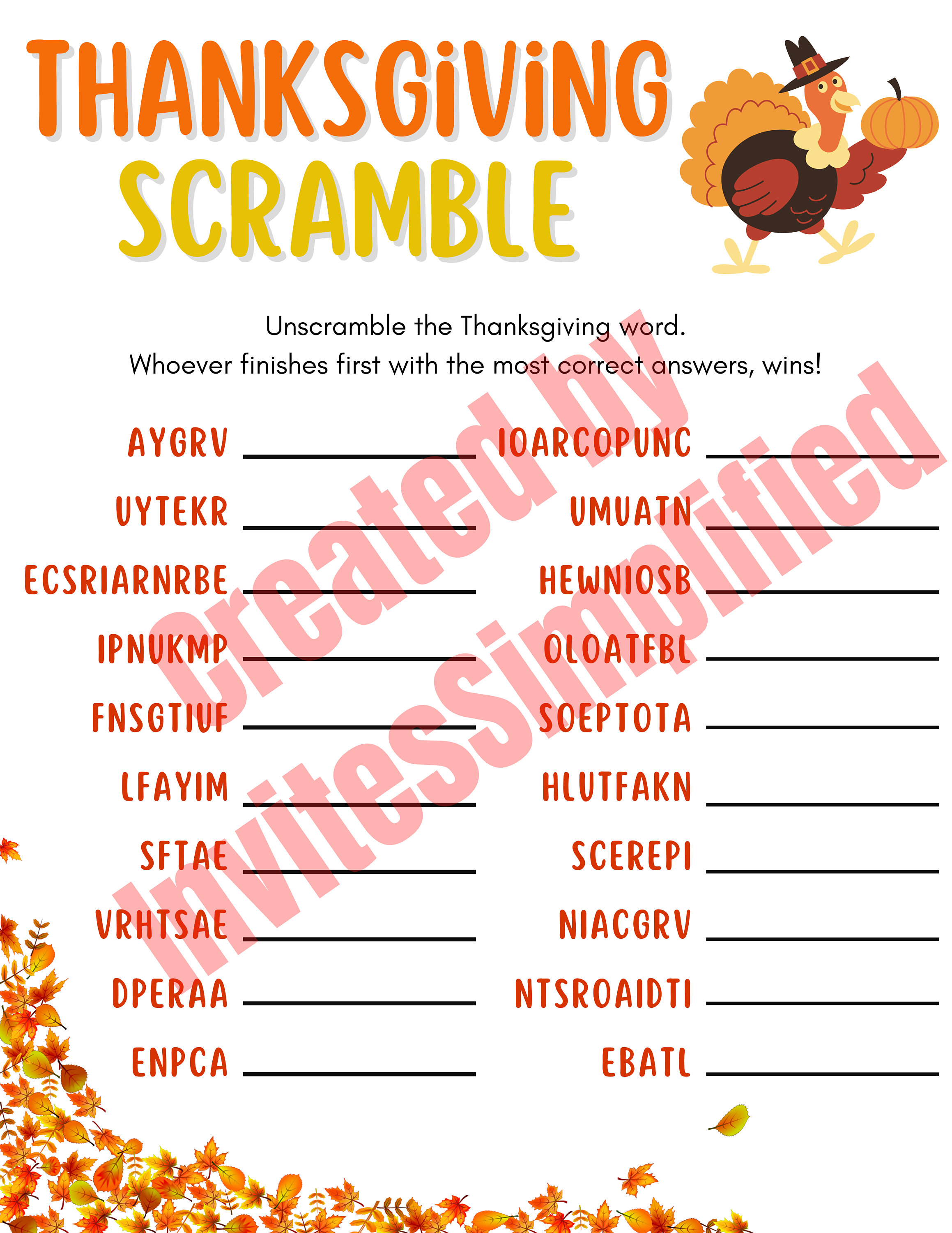 Thanksgiving Game Printable, Thanksgiving Game, Autumn Game, Word ...