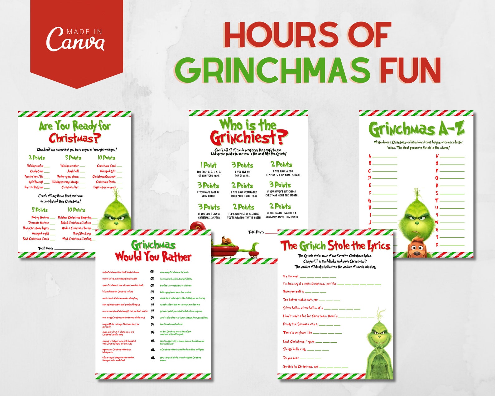 Grinch Game Bundle, INSTANT DOWNLOAD, Canva Editable Template ...
