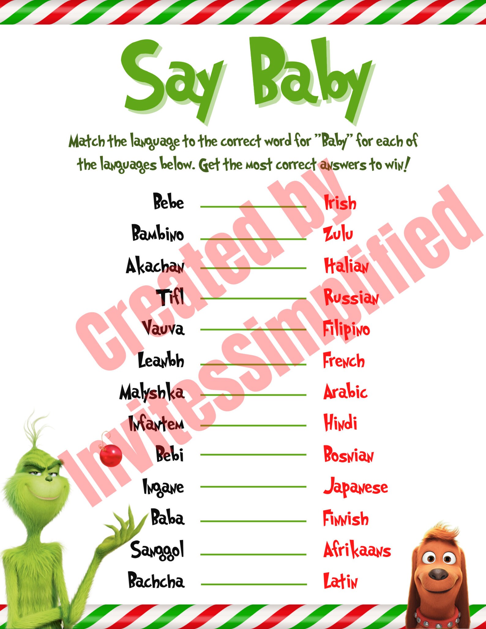 Grinch Baby Shower Games Bundle- INSTANT DOWNLOAD - Canva Editable ...