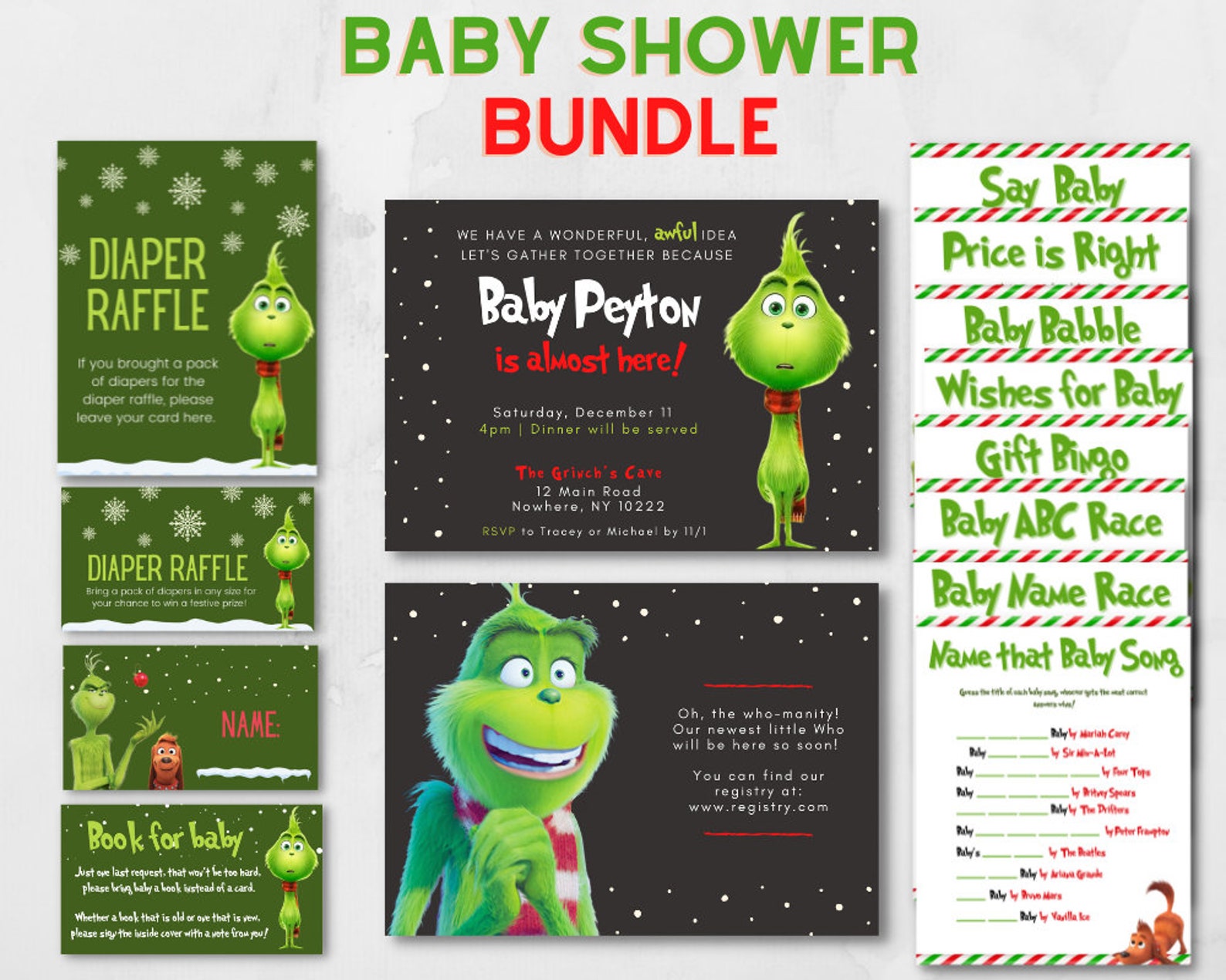Grinch Baby Shower Bundle, Christmas Baby Shower Invitation Set, Canva ...
