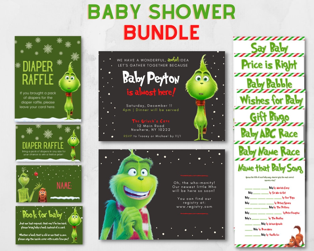 Grinch Baby Shower Bundle, Christmas Baby Shower Invitation Set, Canva ...