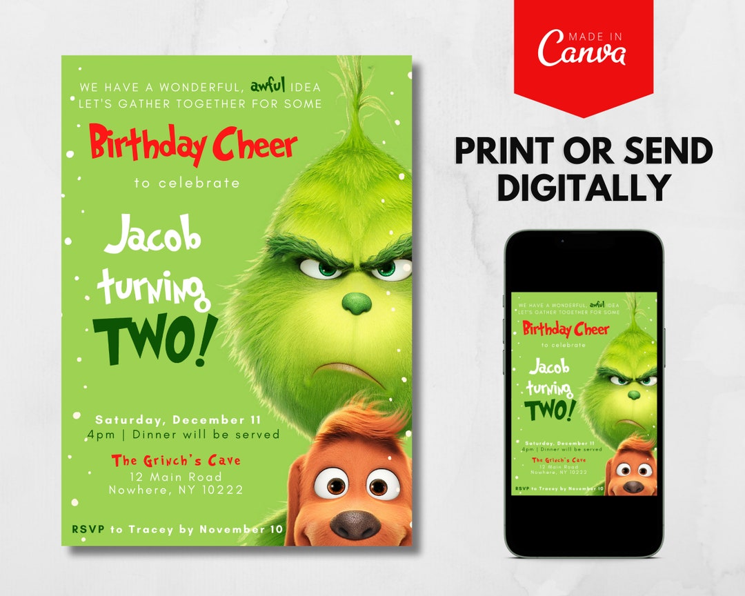 Grinch Christmas Invite, Birthday Cheer, Birthday Party Invitation ...