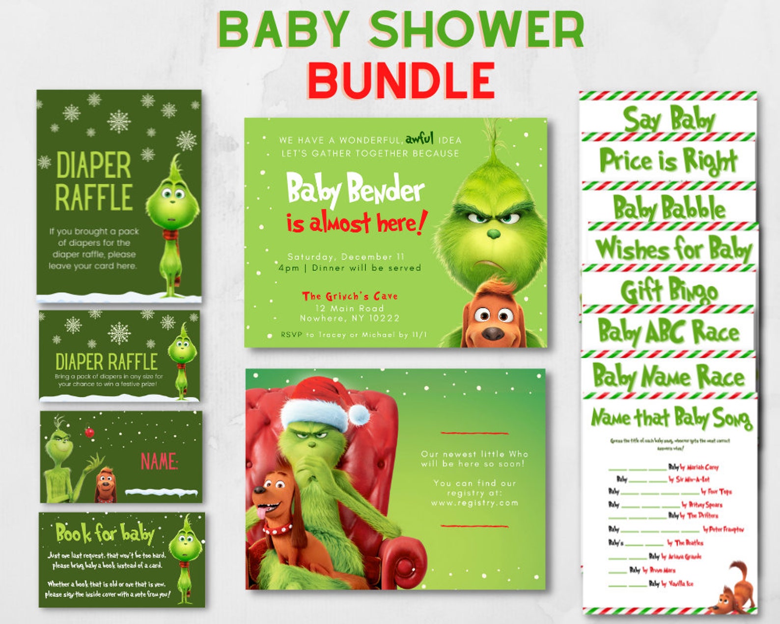 Grinch Baby Shower Bundle, Christmas Baby Shower Invitation Set, Canva ...