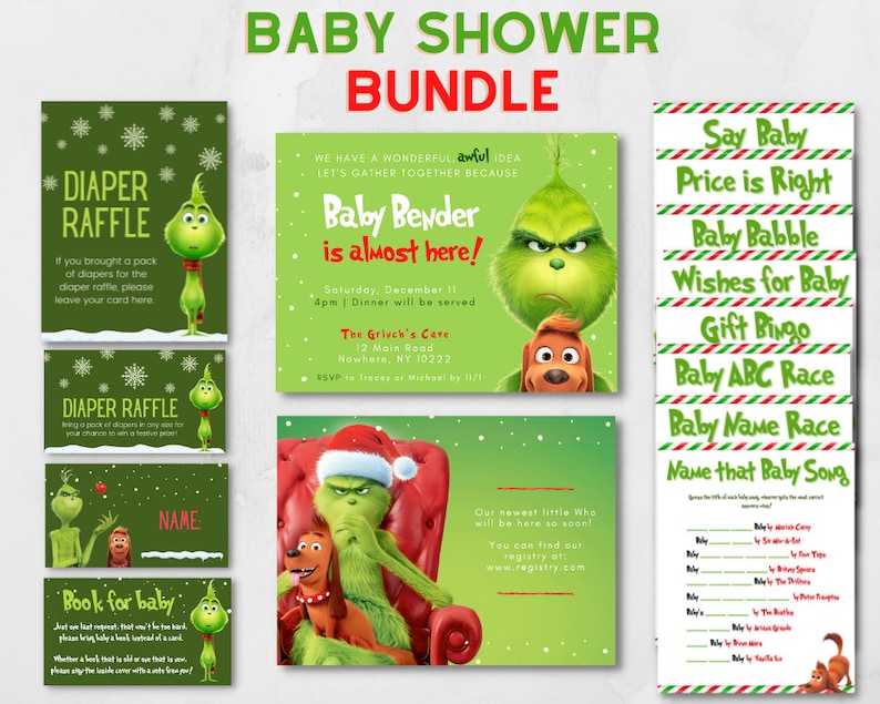 Grinch Baby Shower Bundle, Christmas Baby Shower Invitation Set, Canva ...