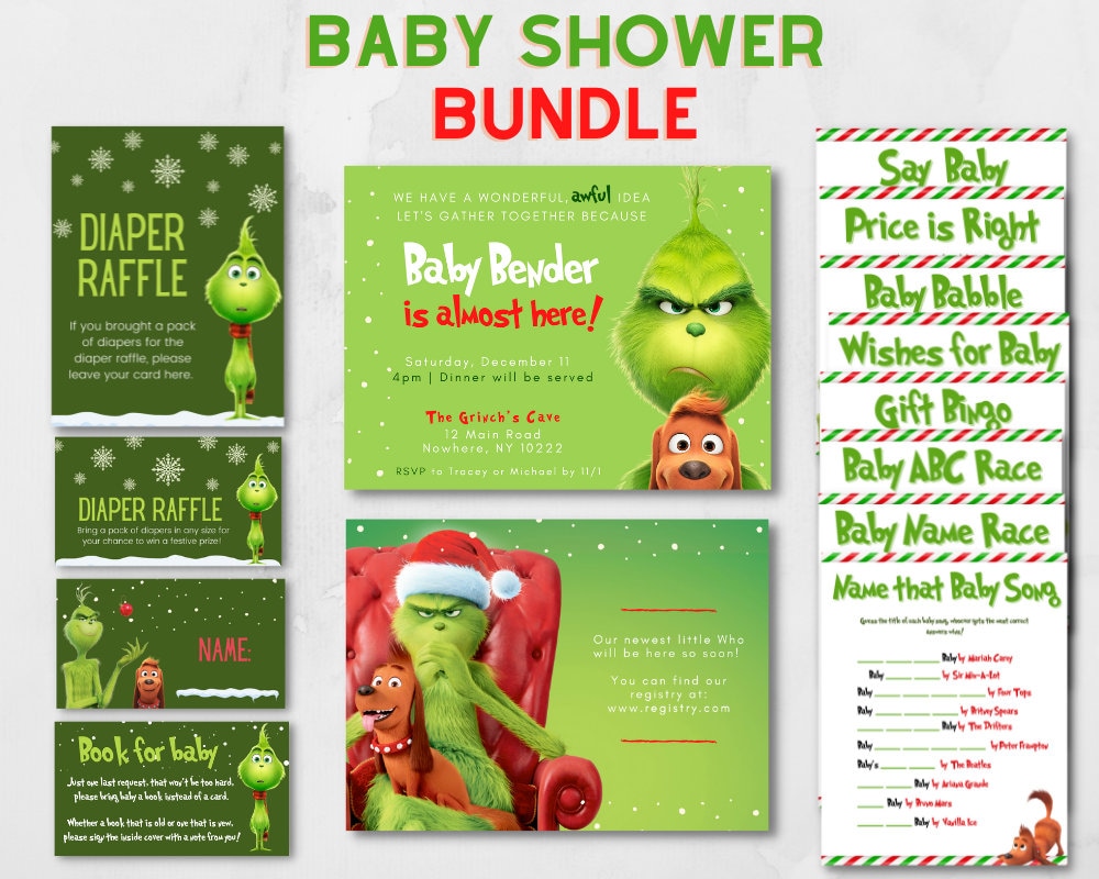Grinch Baby Shower Bundle, Christmas Baby Shower Invitation Set, Canva ...