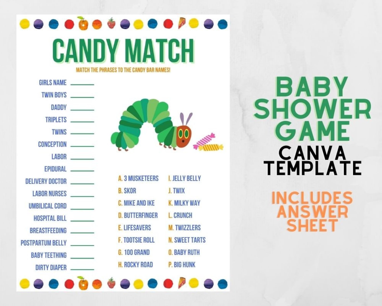 Hungry Caterpillar Baby Shower Game, Canva Editable Template, Very ...
