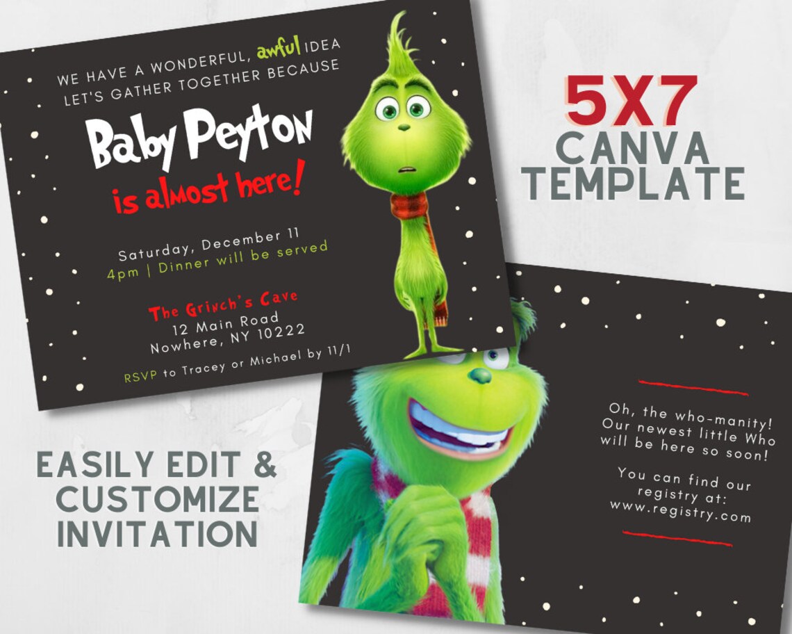 Grinch Baby Shower Bundle, Christmas Baby Shower Invitation Set, Canva ...