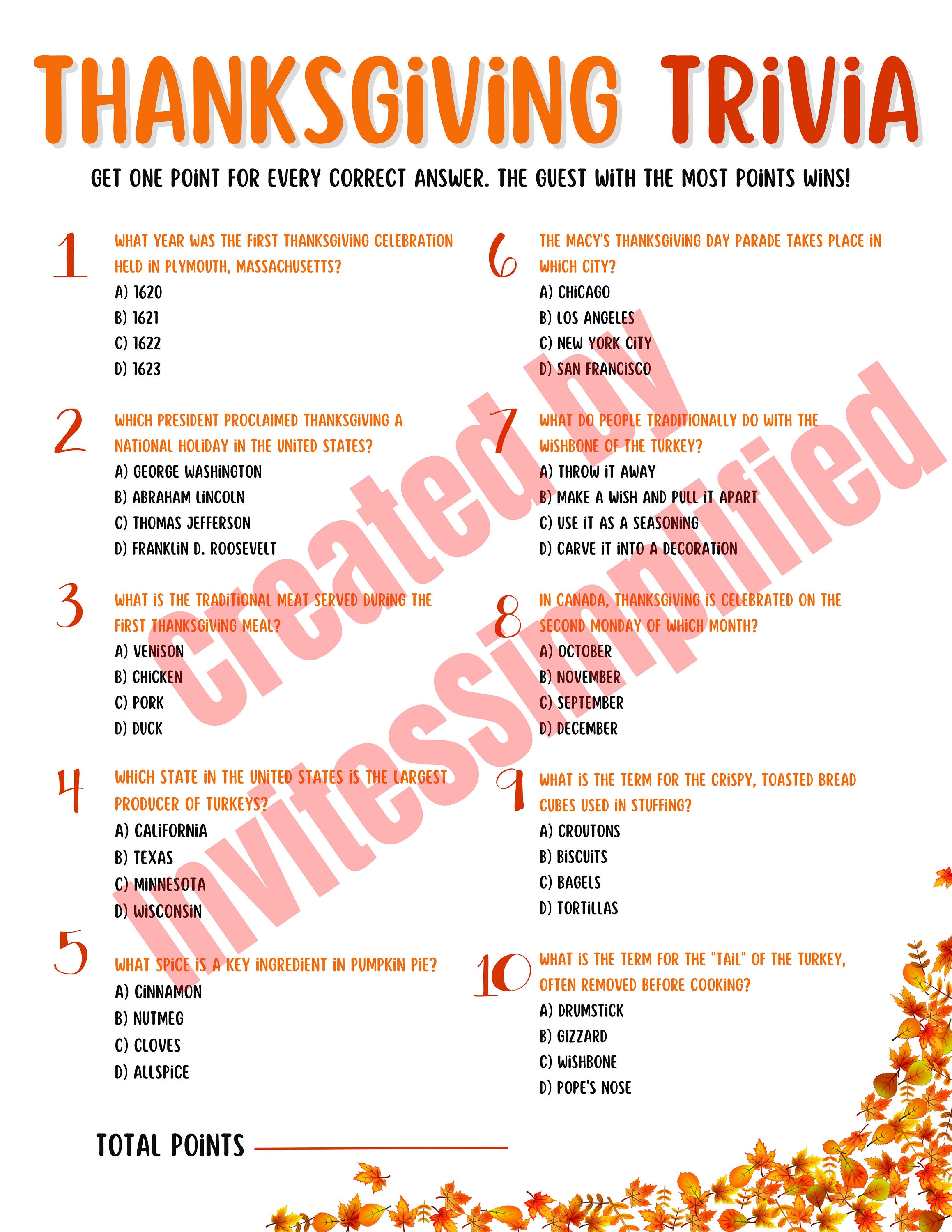 Thanksgiving Game Printable, Thanksgiving Game, Autumn Game, Trivia ...