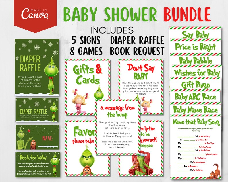 Grinch Baby Shower Bundle, Christmas Baby Shower Invitation Set, Canva ...