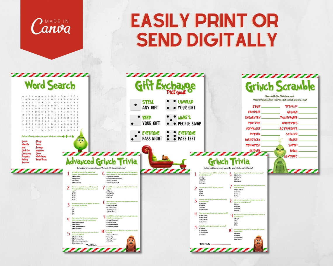 Grinch Game Bundle, INSTANT DOWNLOAD, Canva Editable Template ...