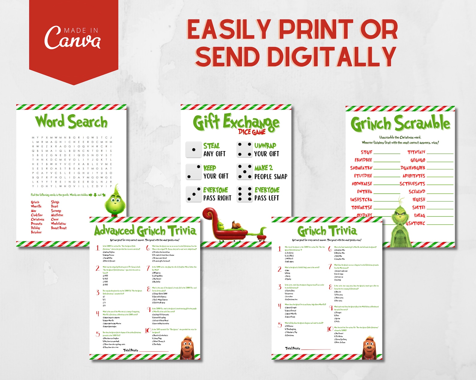 Grinch Game Bundle, INSTANT DOWNLOAD, Canva Editable Template ...