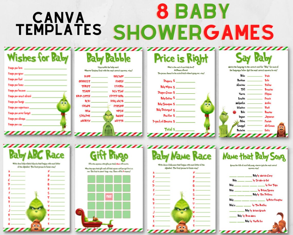 Grinch Baby Shower Bundle, Christmas Baby Shower Invitation Set, Canva ...