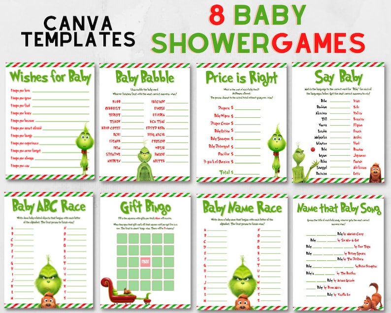 Grinch Baby Shower Bundle, Christmas Baby Shower Invitation Set, Canva ...
