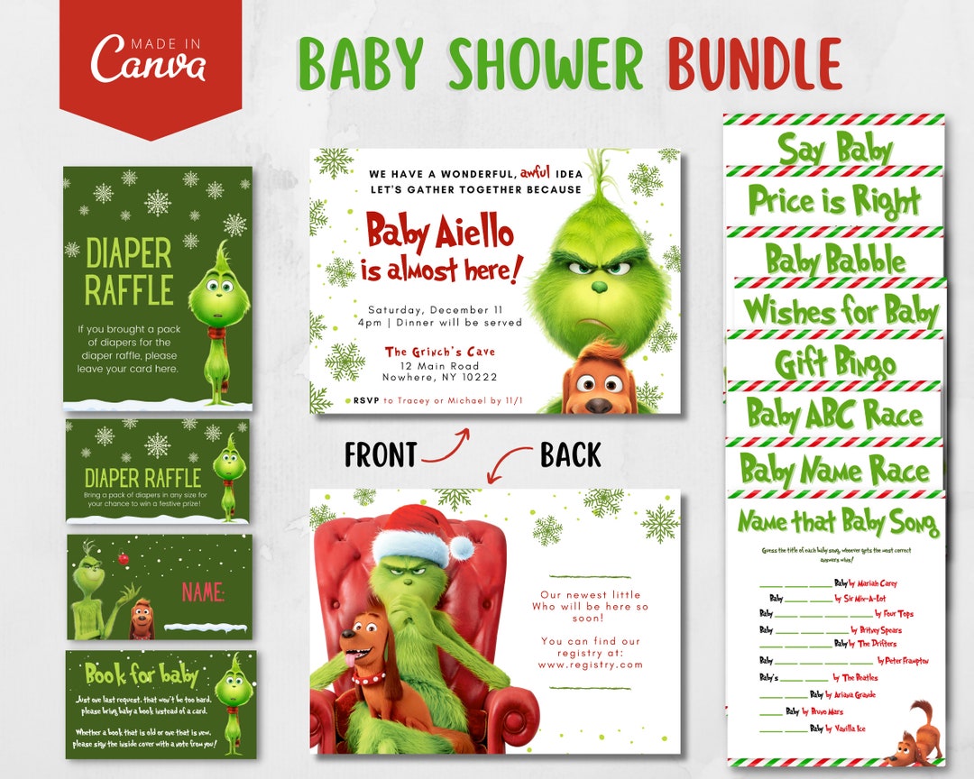 Grinch Baby Shower Bundle, Christmas Baby Shower Invitation Set, Canva ...