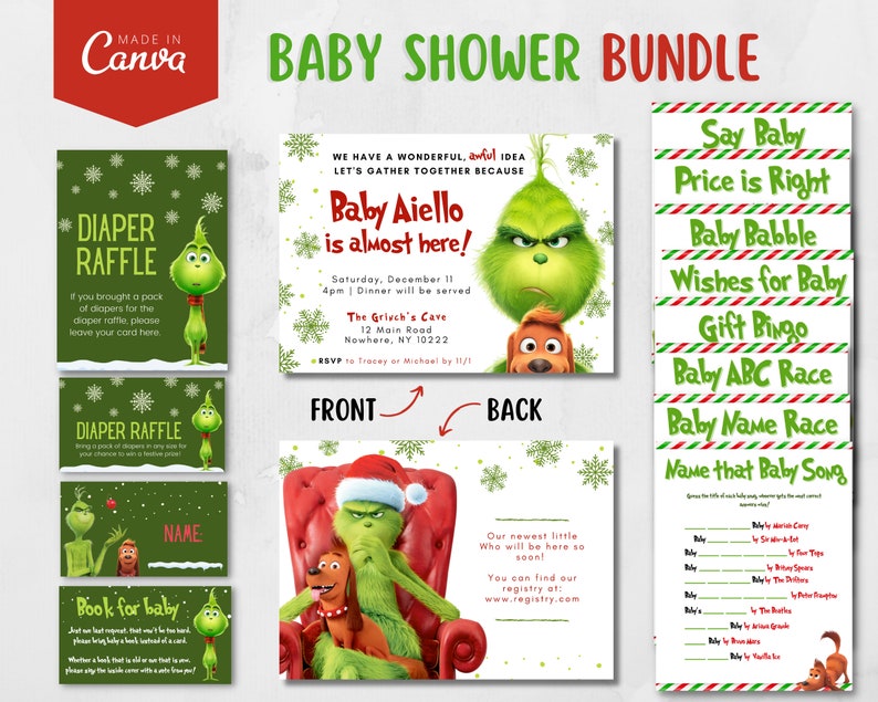 Grinch Baby Shower Bundle, Christmas Baby Shower Invitation Set, Canva ...