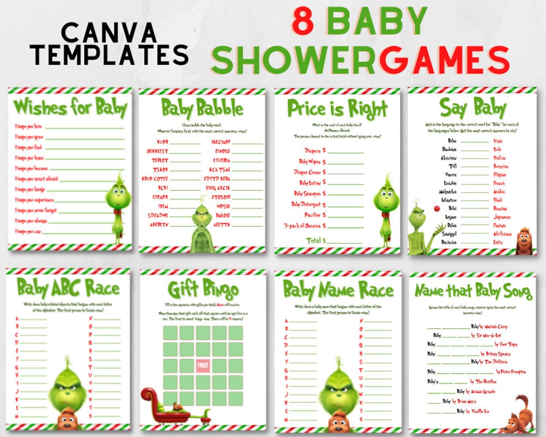 Grinch Baby Shower Games Bundle- INSTANT DOWNLOAD - Canva Editable ...