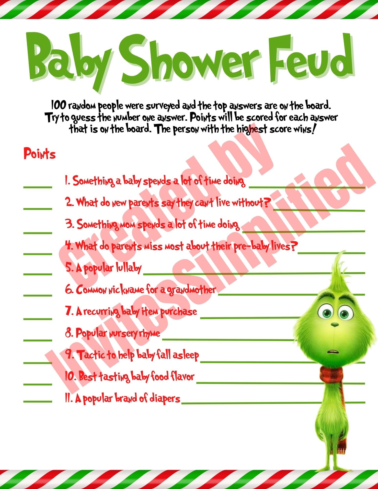 Grinch Baby Shower Game INSTANT DOWNLOAD - Canva Editable Grinchmas ...