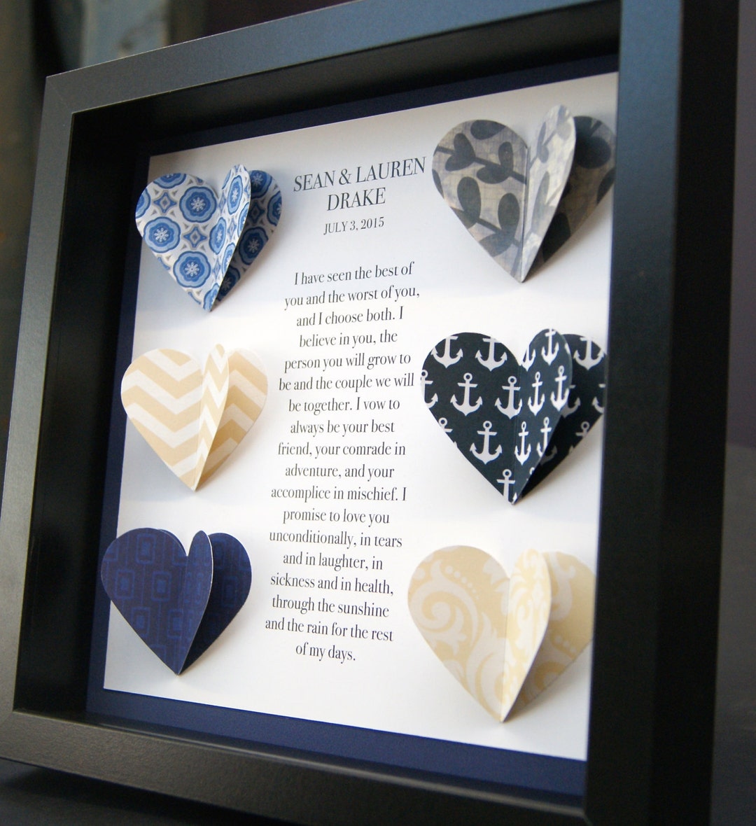 Personalized Wedding Vows in Frame, First Anniversary Gift, Paper ...