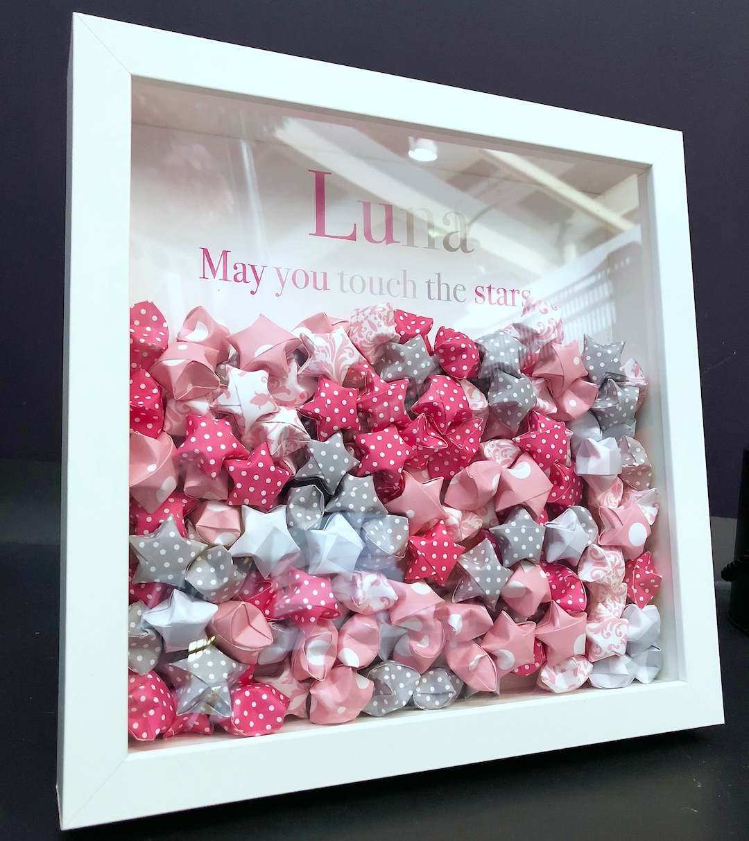 Personalized Name Frame With Pink and Grey Lucky Stars, Baby Girl Frame ...