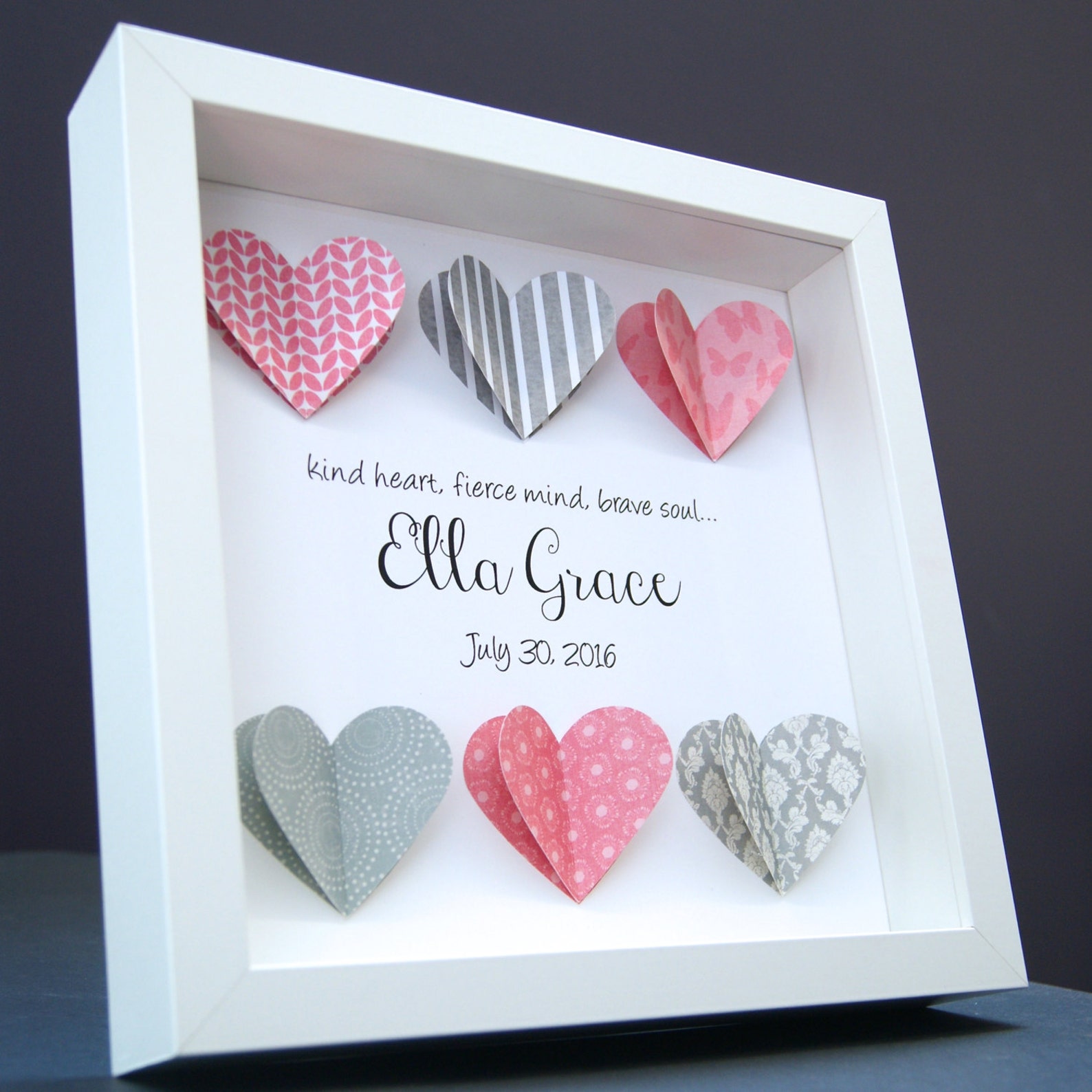 Personalized Name Frame With Paper Hearts Custom Art Newborn Baby Girl ...