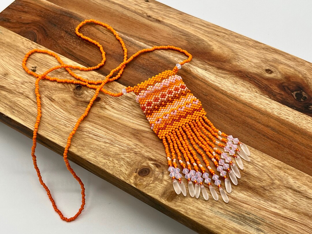 Large Amulet Bag Necklace, Hand Beaded, Orange Creamsicle Inspired ...