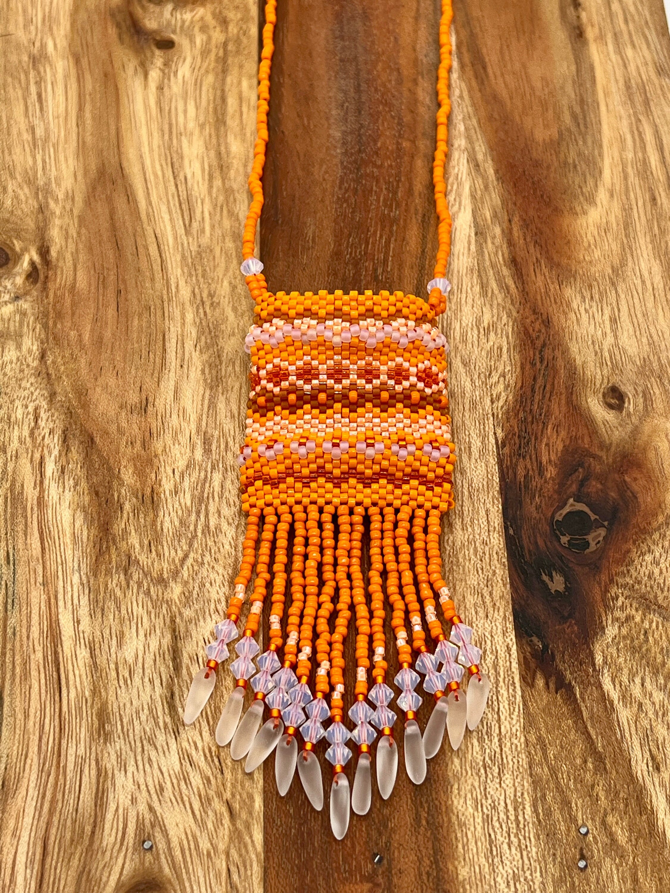 Large Amulet Bag Necklace, Hand Beaded, Orange Creamsicle Inspired ...
