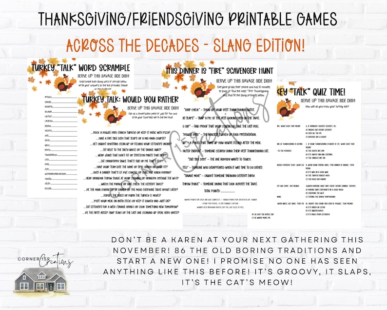 Friendsgiving Printable Games: Thanksgiving Slang Word Search, Scramble ...