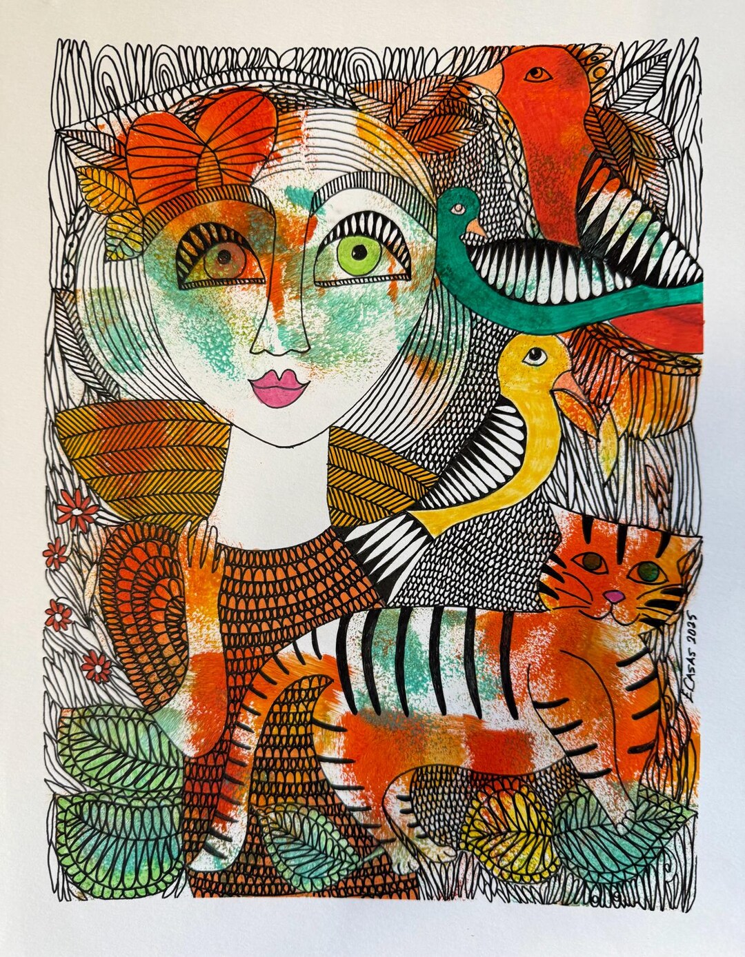 Acrylic Painting on Cardboard, Lady With Cat and Birds, Original ...