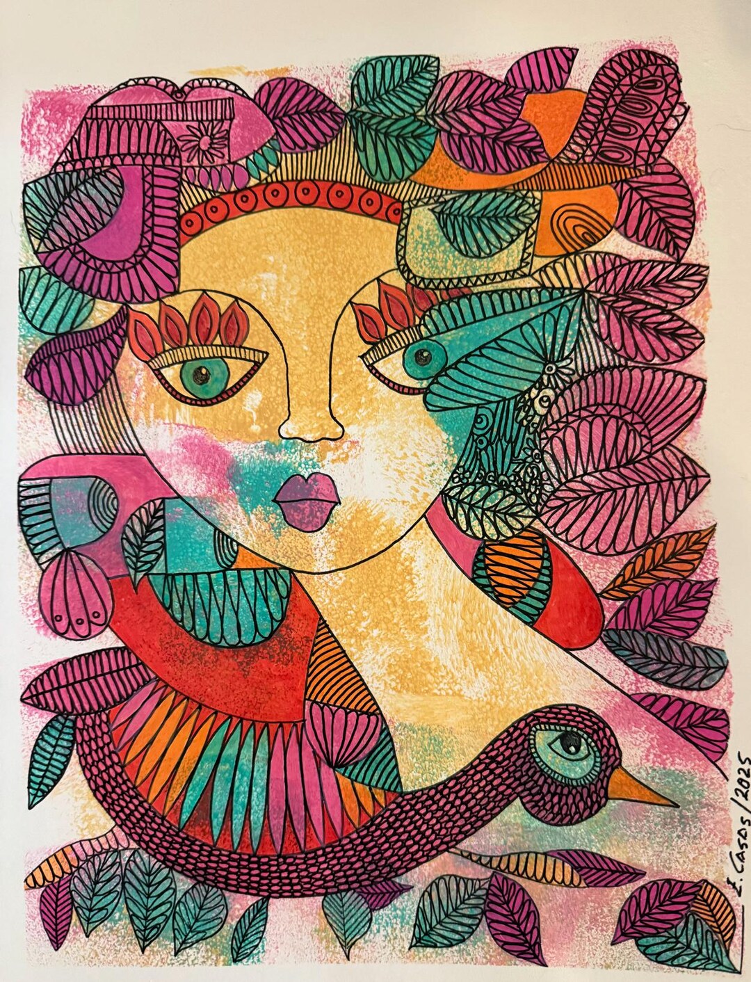 Original Acrylic Painting on Cardboard, Lady and Bird With Autumn ...