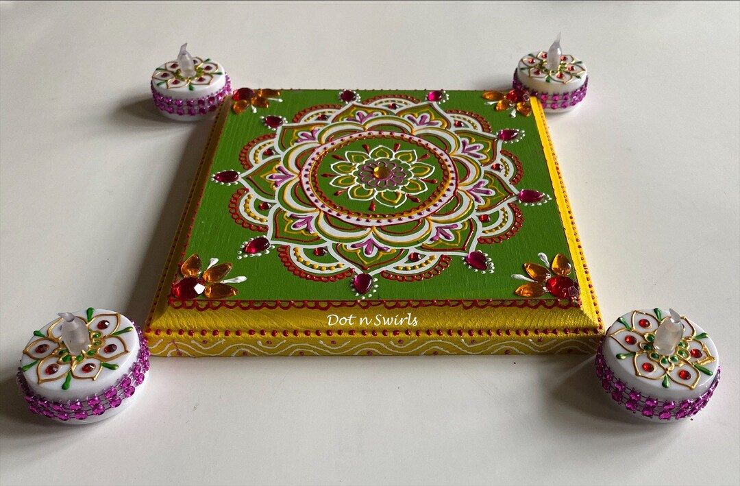 Beautiful Wooden Rangoli Set With Decoretive Candles/floor Art/festive ...