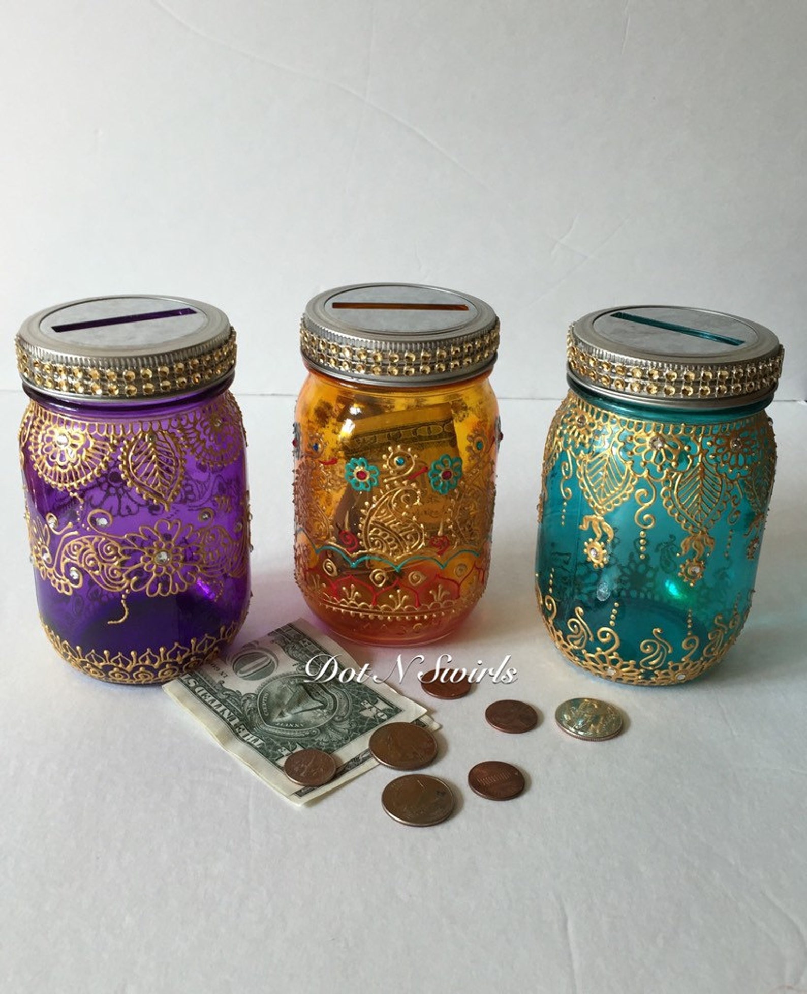 Henna Decorated Colorful Mason Coin Jar,piggy Bank,coin Organizer ...