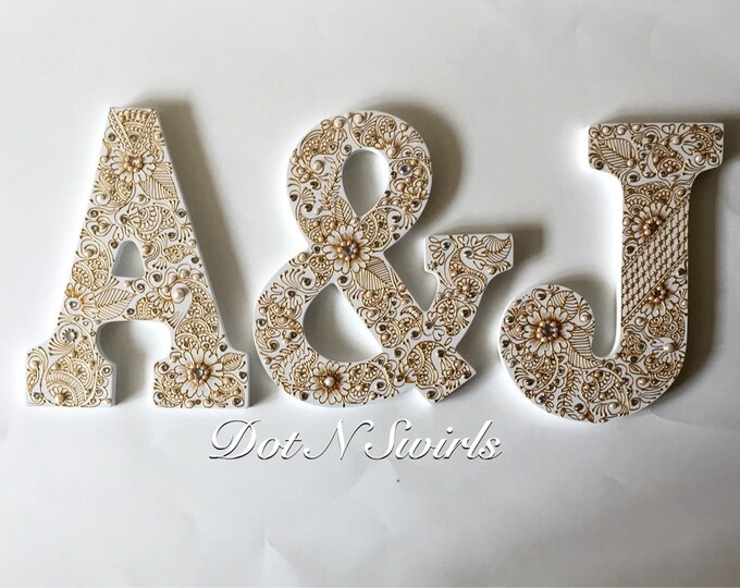 9" Personalized Wooden Letters With Gold Henna/ Hanging Letters/wedding ...