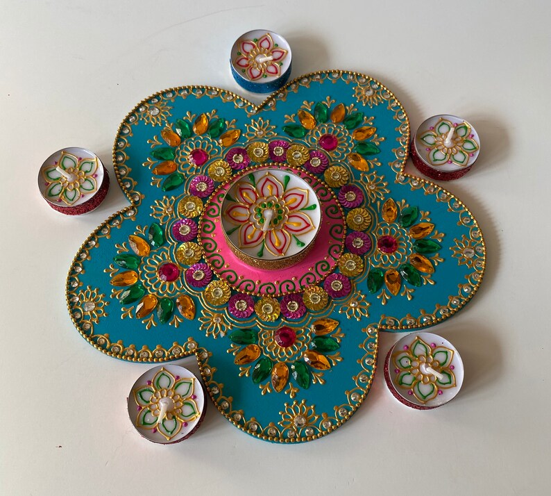 Beautiful Wooden Flower/rangoli Set With Decoretive - Etsy