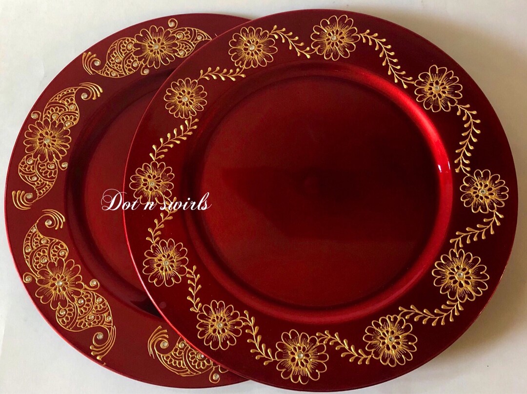 13" Set of 2,henna Decorated Charger Plate/wedding Centerpiece/pooja ...