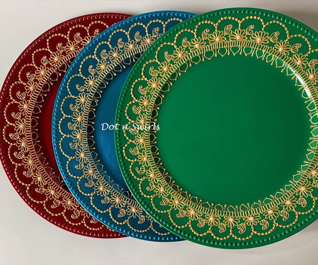 13"henna Decorated Set of 3 Charger Plate/wedding Centerpiece/pooja ...