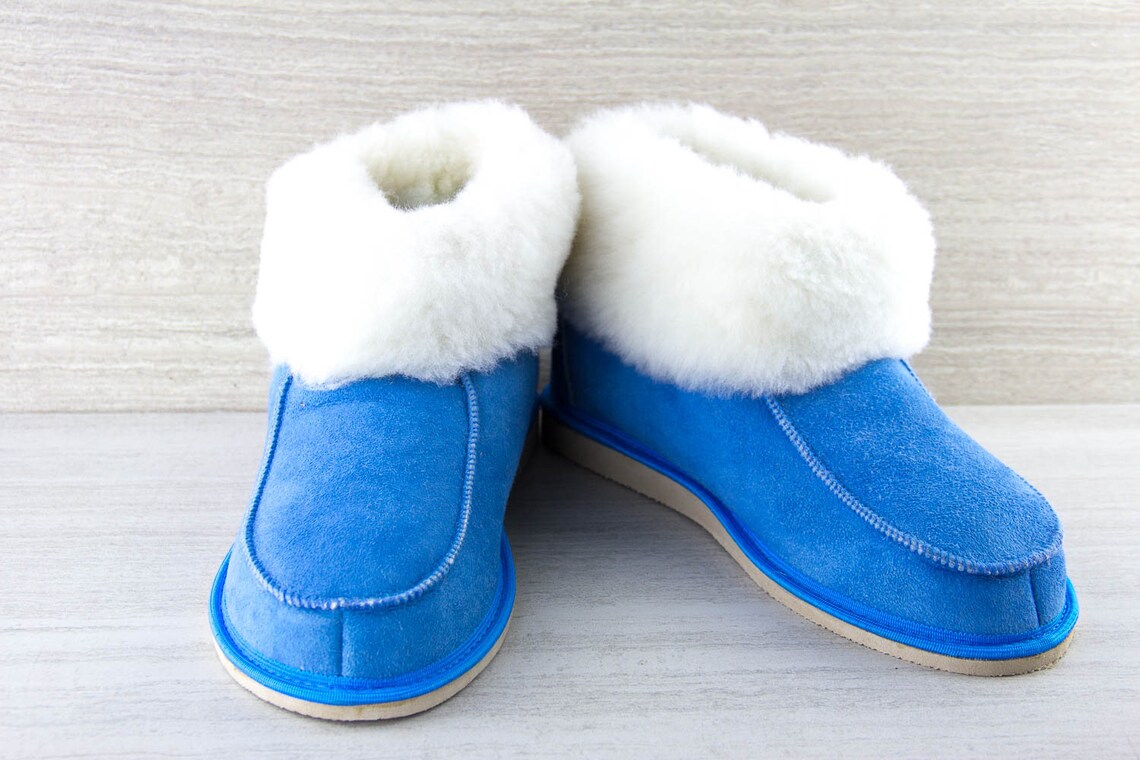 Women's Light Blue Genuine Sheepskin Slippers - Etsy