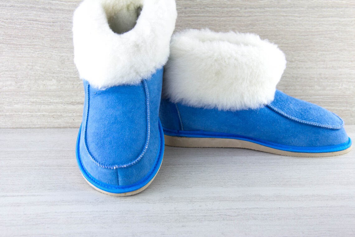 Women's Light Blue Genuine Sheepskin Slippers - Etsy