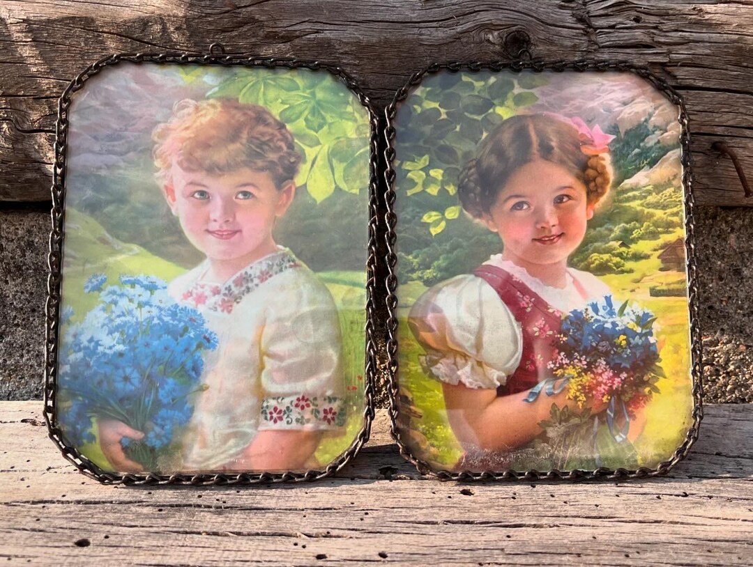 Pair of Vintage Boy and Girl Prints in Chain-like Frames – Unique ...