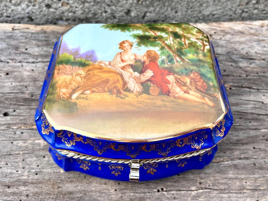 Vintage Cobalt Blue Porcelain Trinket Box: Rococo Romantic Scene, Brass ...