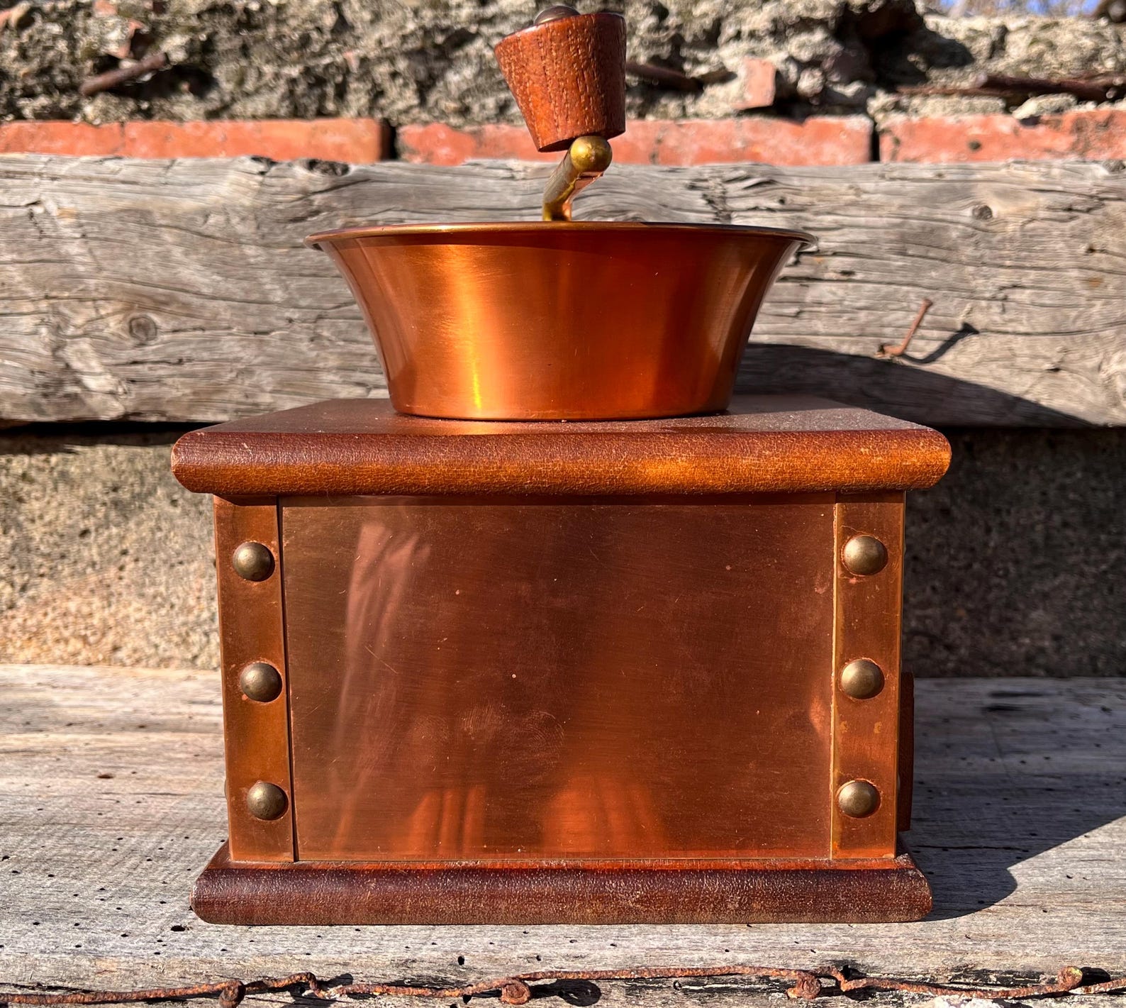Vintage Wood Brass Copper Coffee Grinder: Rustic Farmhouse Kitchen ...