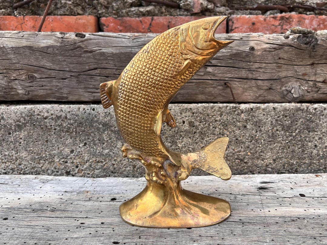 Large Brass Trout Fish Statue Vintage Fisherman Decor, Man Cave ...