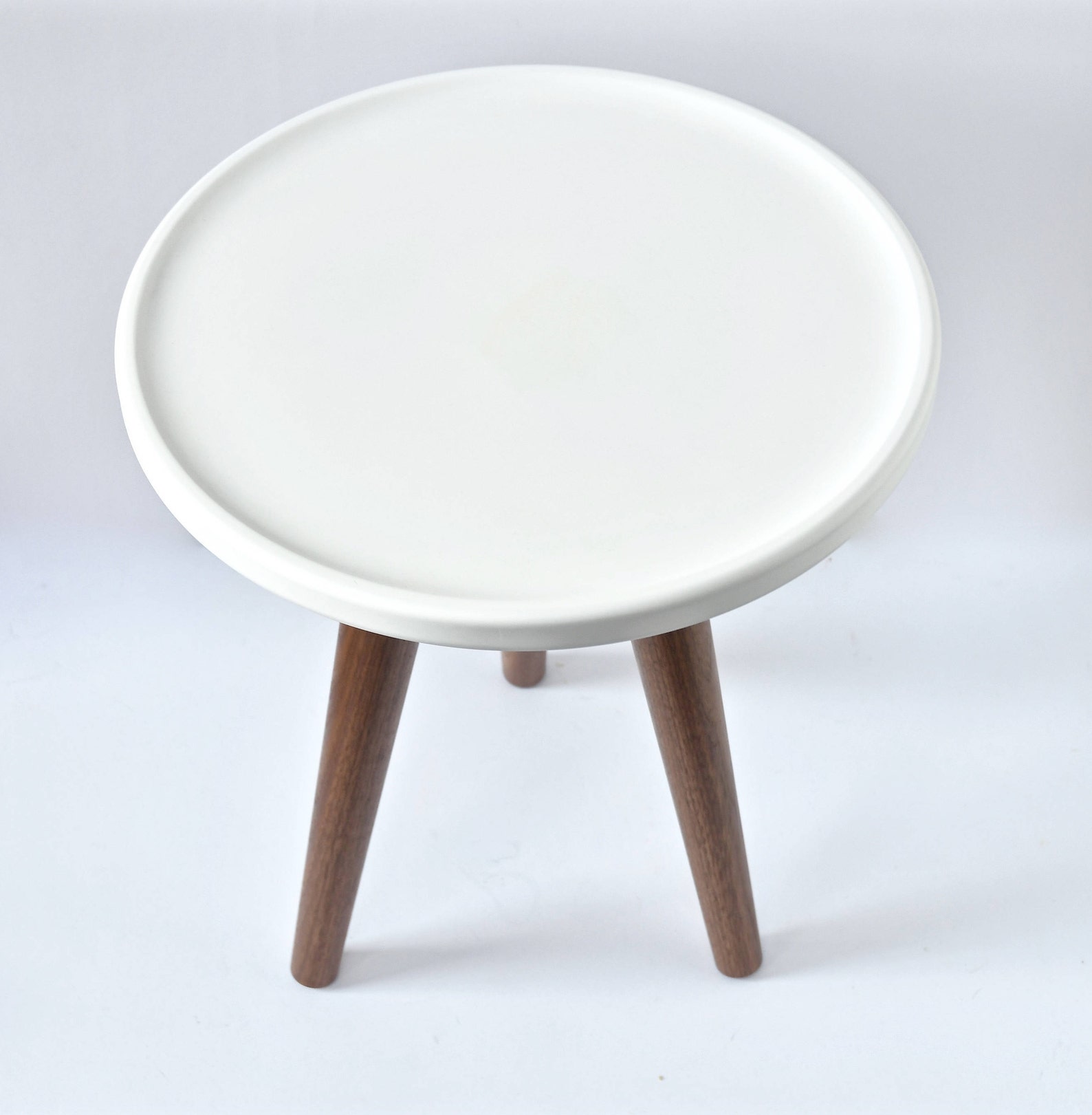 Round Side Table Rimed Top in White With 3 Tapered Solid Walnut Wood ...